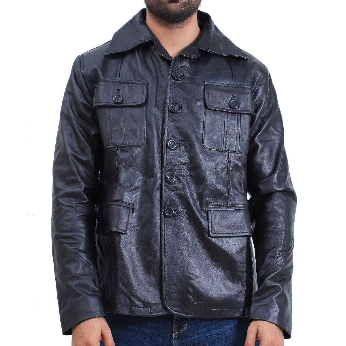 Mens 5 Button Black Leather Coat – Furor Jackets
