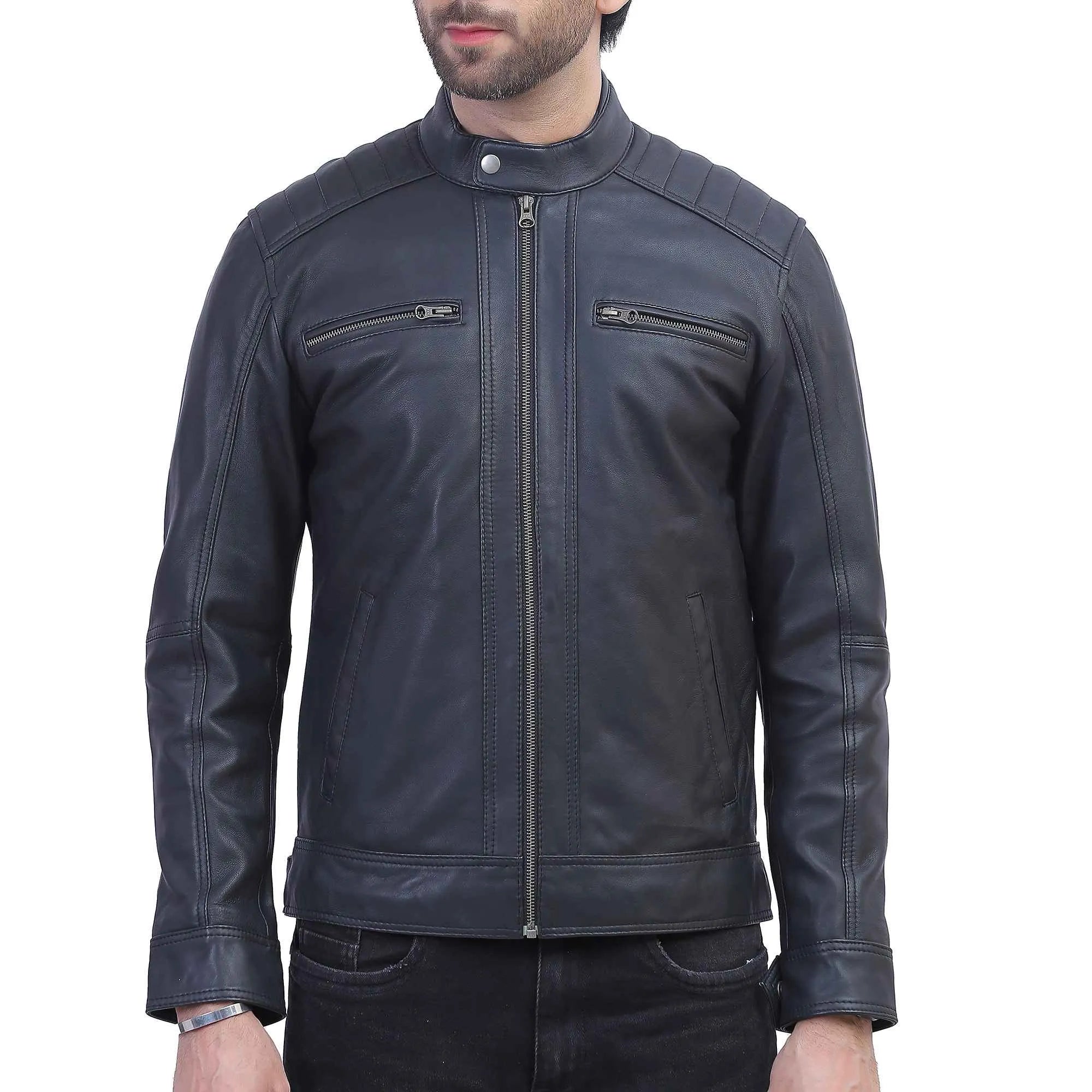 Mens Quilted Shoulder Black Leather Jacket – Furor Jackets
