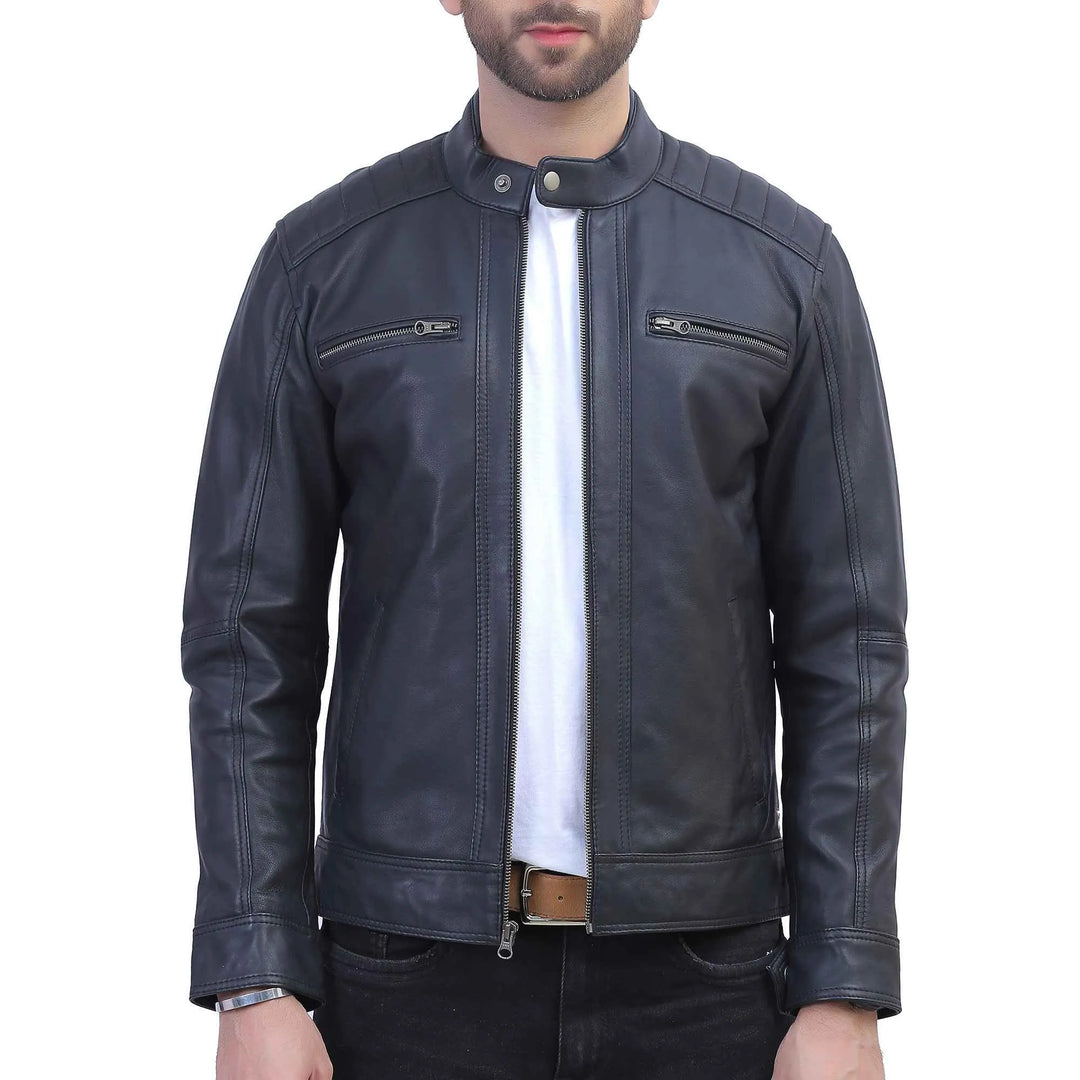 Mens Quilted Shoulder Black Leather Jacket – Furor Jackets